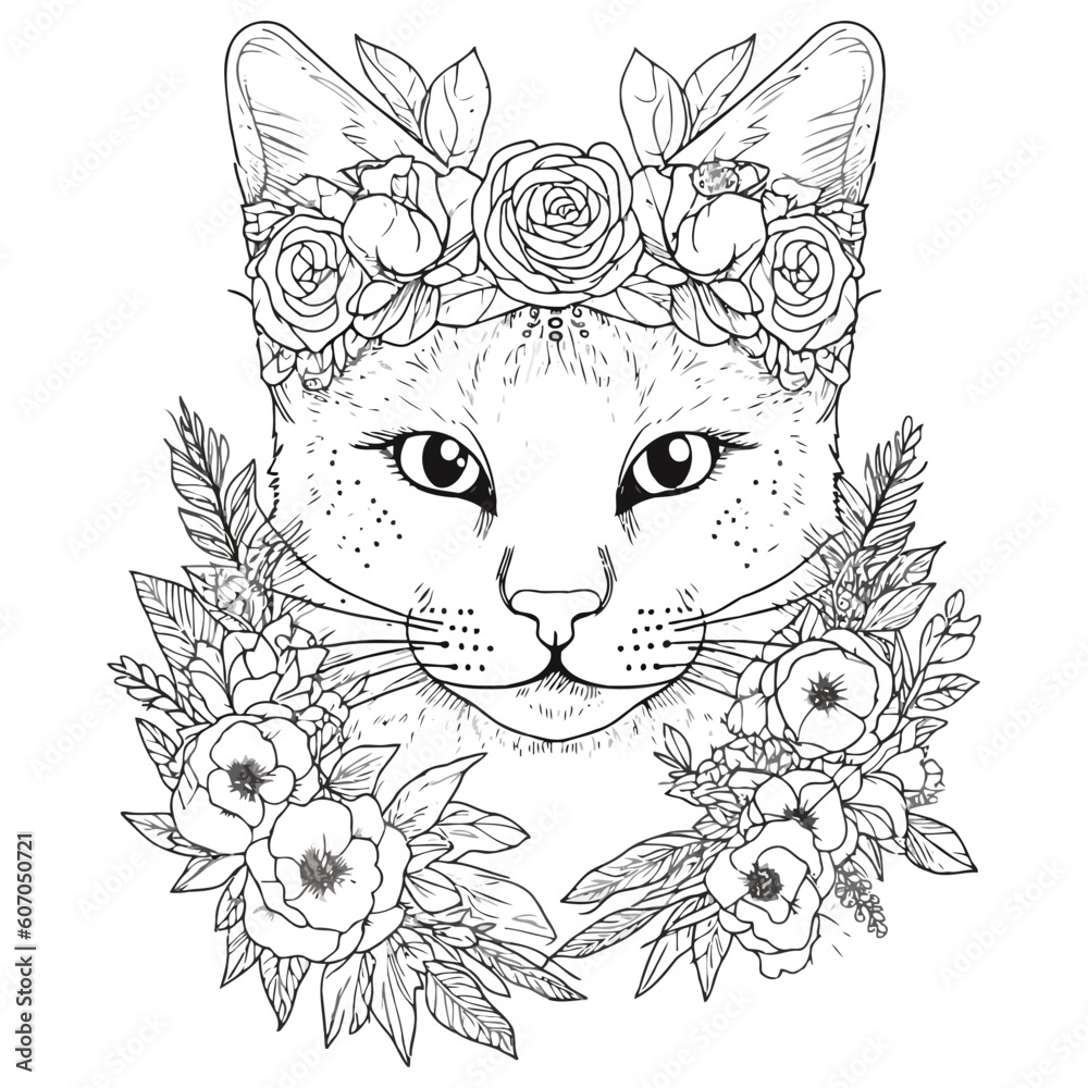 Flower Cat Coloring Pages For Adults Stock Vector | Adobe Stock