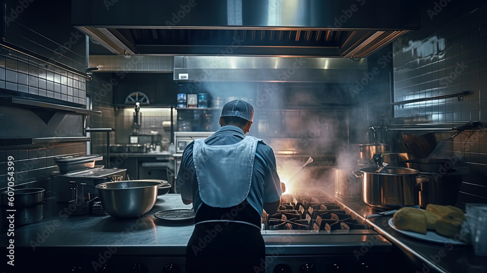 Backside of a chef is cooking in the modern restaurant kitchen ...
