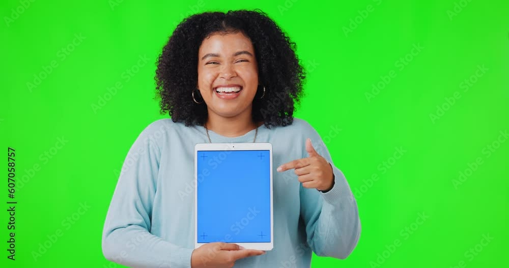 Woman, tablet and pointing finger at mockup on green screen while ...