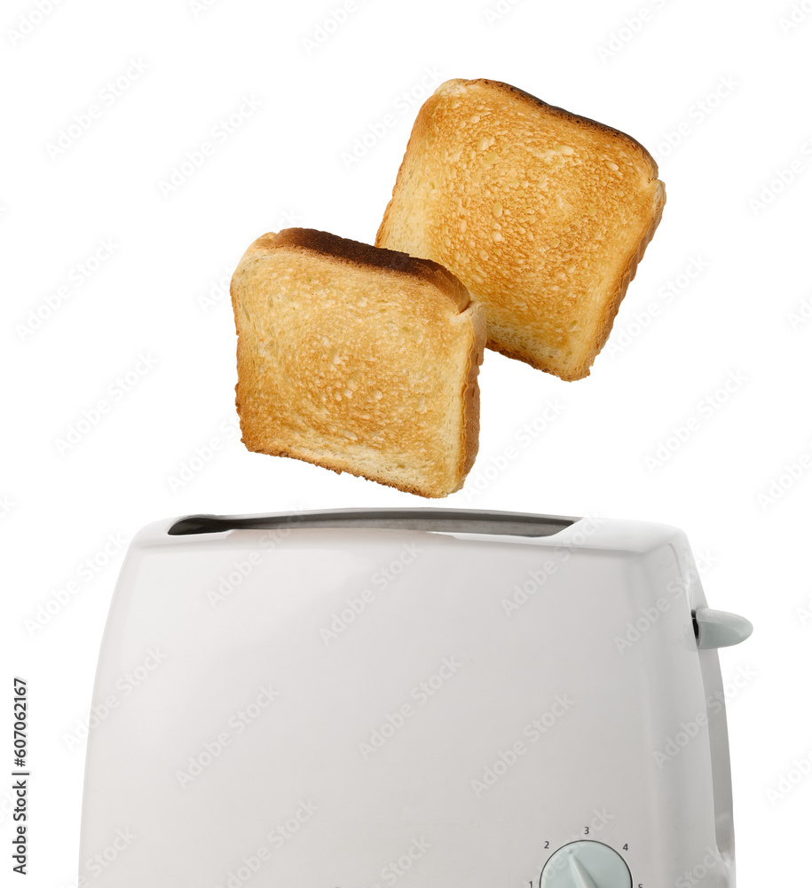 Toasted bread popping up of white toaster isolated on white background ...