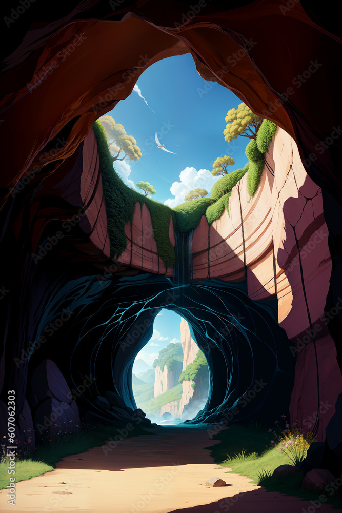 A cave landscape, Scene in Cartoon-Realistic Style, Children's Book ...