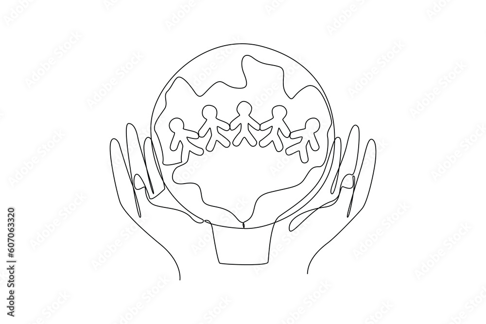 Continuous one-line drawing hand protecting the human population. World ...
