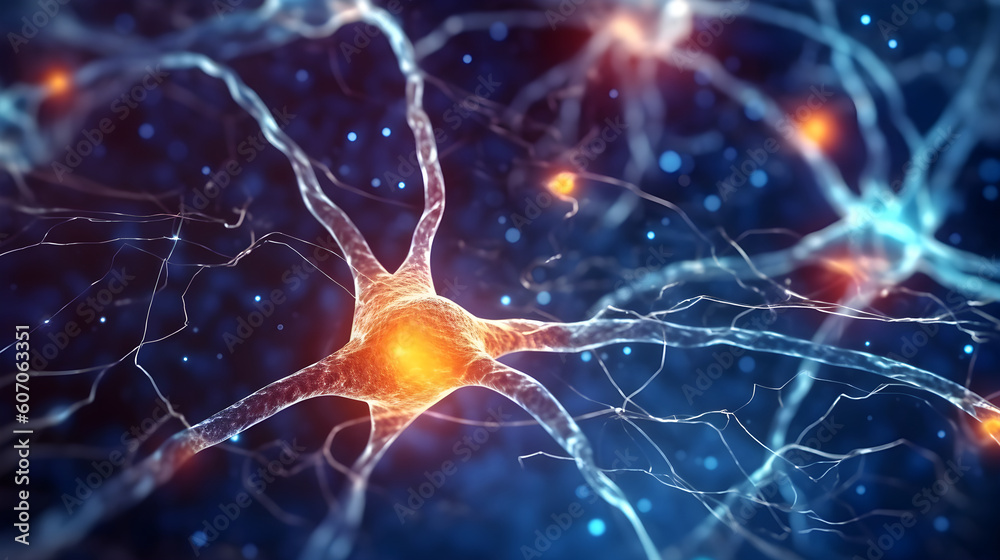 Active nerve cell 3d illustration. Neuronal network with electrical ...