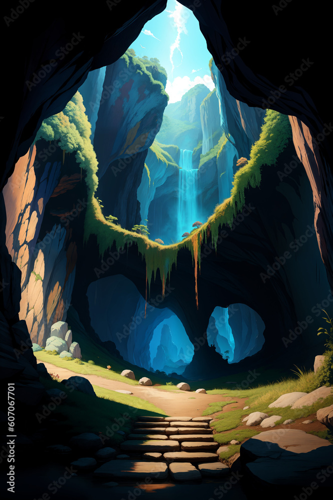 A cave landscape, Scene in Cartoon-Realistic Style, Children's Book ...