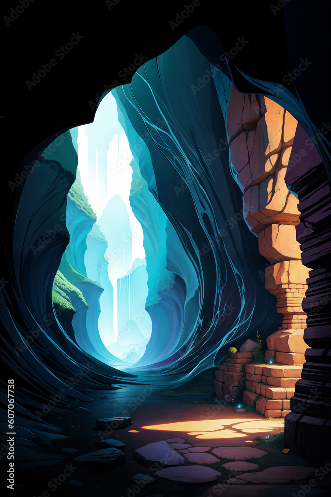 A cave landscape, Scene in Cartoon-Realistic Style, Children's Book ...