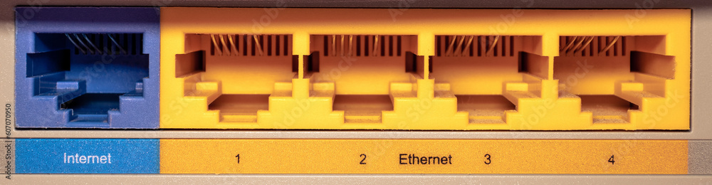 Internet and ethernet ports. The back panel of the router with ports ...