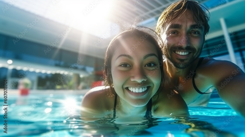 in swimming pool man and woman together, asian and caucasian, in love ...