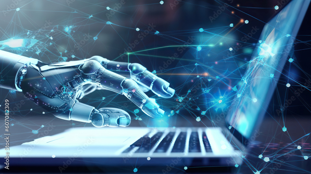 Robot hand typing on laptop with finger, artificial intelligence ...