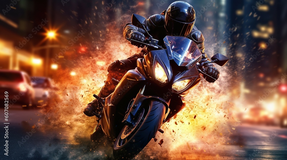 Motorcycle chase, epic scene from action movie, hero on motorbike ...