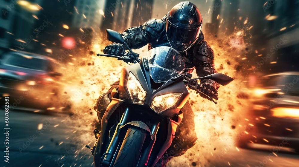 Motorcycle chase, epic scene from action movie, hero on motorbike ...