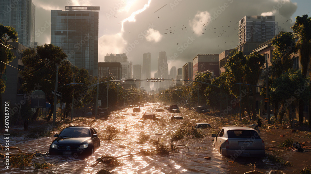 natural disaster, floods flooding of a big city, fictional place ...
