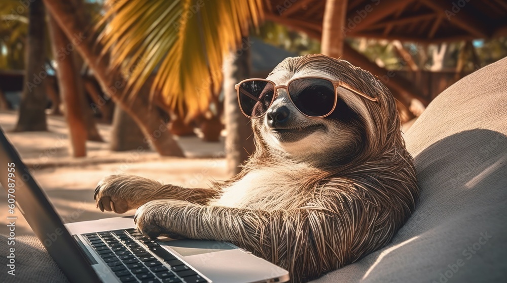 Sloth freelancer working at tropical beach. AI generative image. Stock ...
