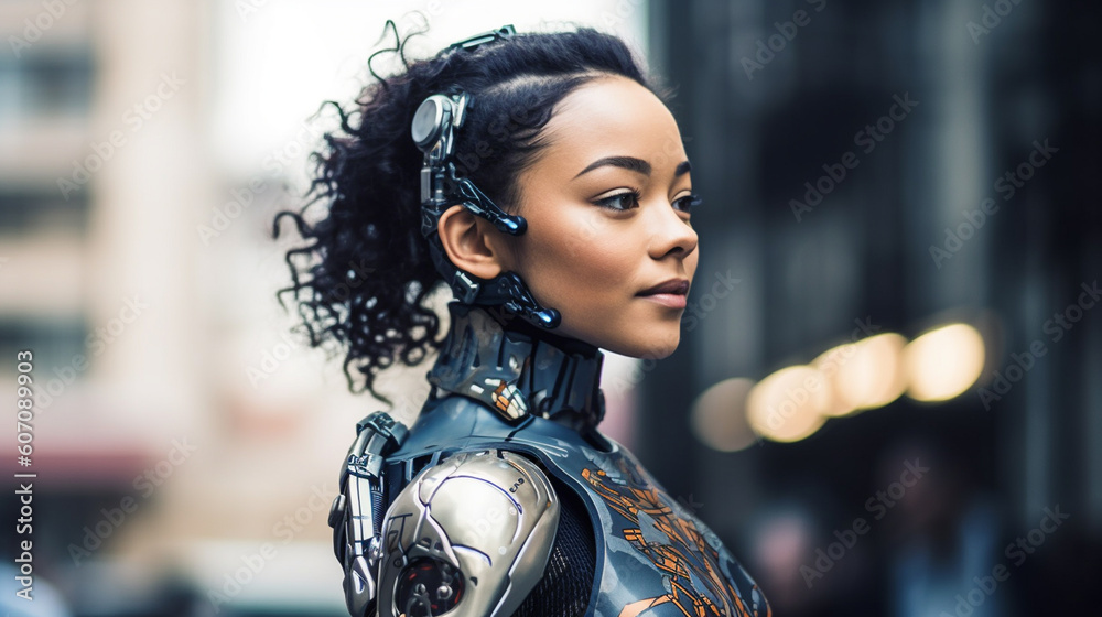 young woman half-robot or a humanoid android with artificial ...