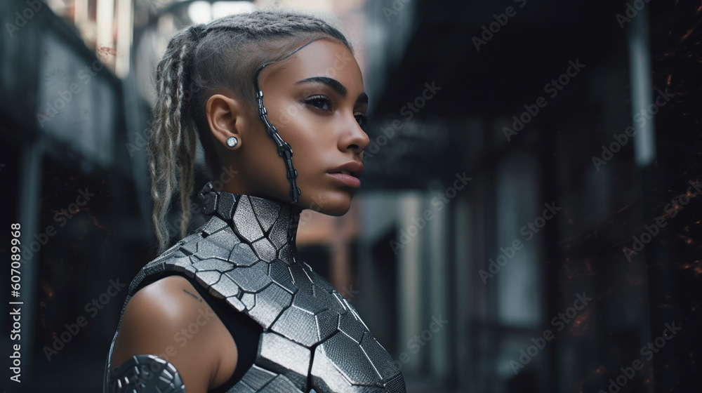 young woman half-robot or a humanoid android with artificial ...