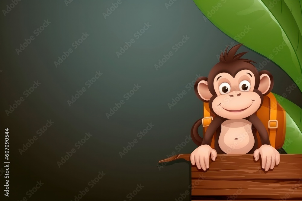 cartoon monkey with school bag sitting at a desk on the background with ...