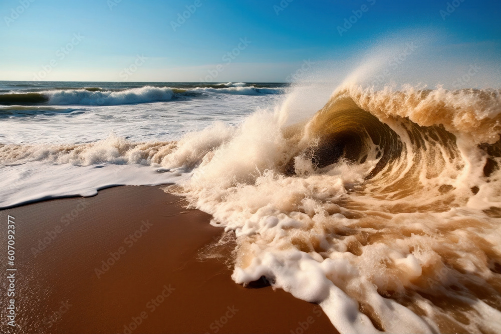 an ocean shore break in front view. Dangerous shore breaking wave. Huge ...