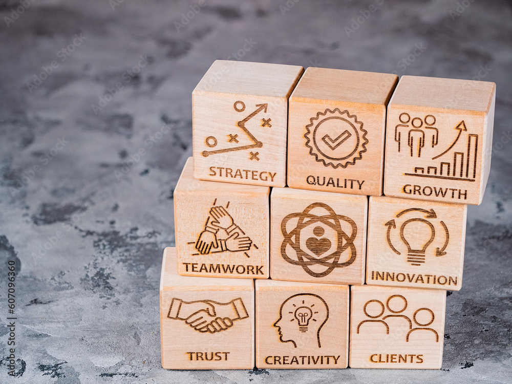 Symbols of core values as a strategy of corporate business Stock Photo ...