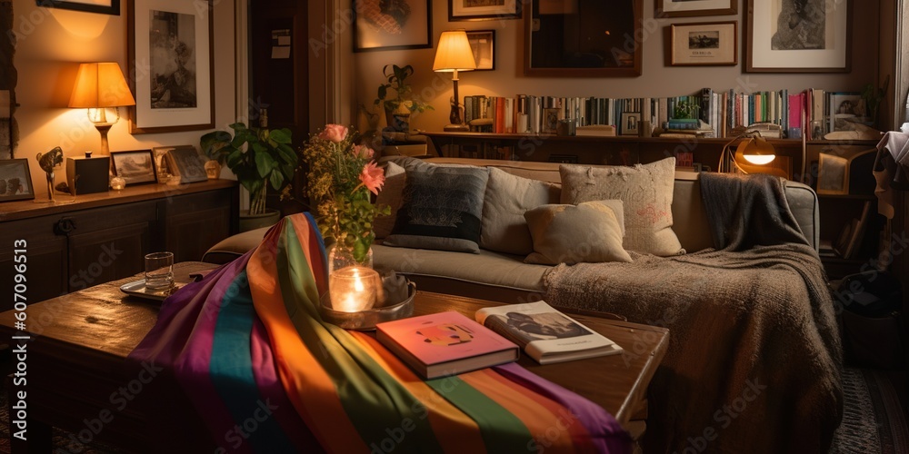 A warmly lit room with a pride flag draped over the couch, and an open ...