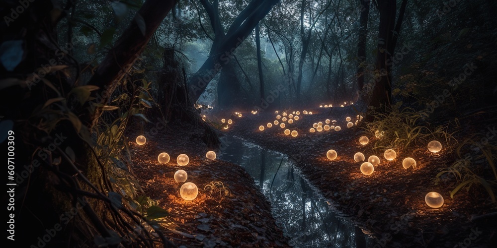 An enchanting forest path illuminated by floating, glowing orbs ...