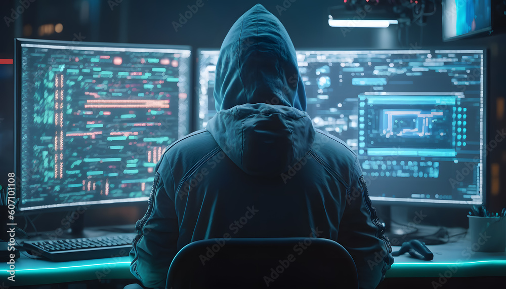 Back view hacker in hoodie working in dark neet, crypto theme neon ...