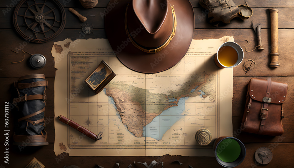 Pirate treasure map and compass, old captain hat on aged wooden table ...