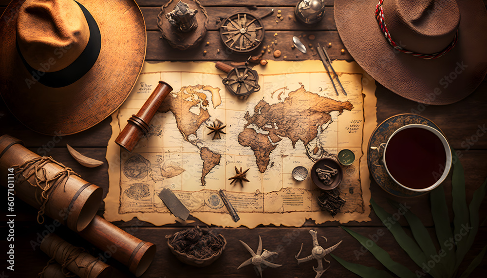 Pirate treasure map and compass, old captain hat on aged wooden table ...
