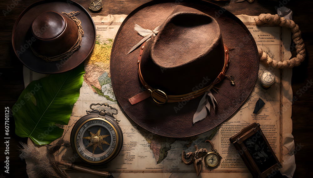 Pirate treasure map and compass, old captain hat on aged wooden table ...