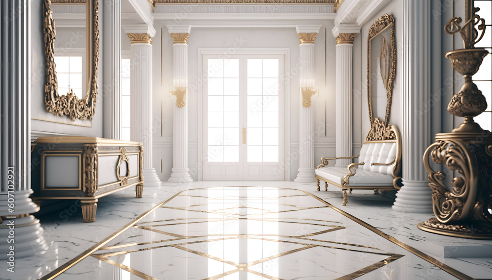 Light luxury royal posh interior in baroque style. White hall with ...