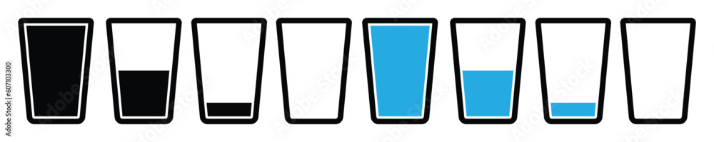 Water glass icon set in blue and black color. Milk or juice cup symbol. Waterglass vector sign ...