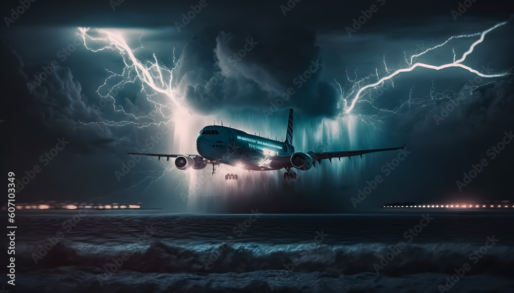 Danger climate weather. Airplane in sky with thunder and lightning ...