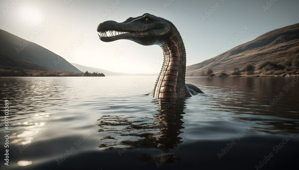 Loch Ness Monster Nessie in water lake. Generation AI Stock ...