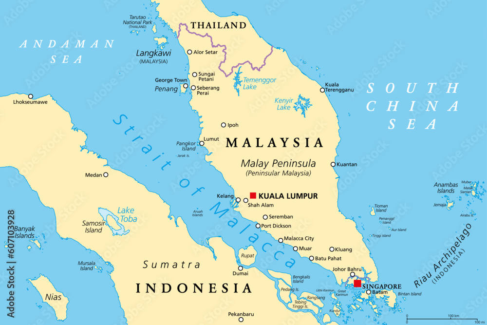 Strait of Malacca, political map. Important shipping lane and a main ...