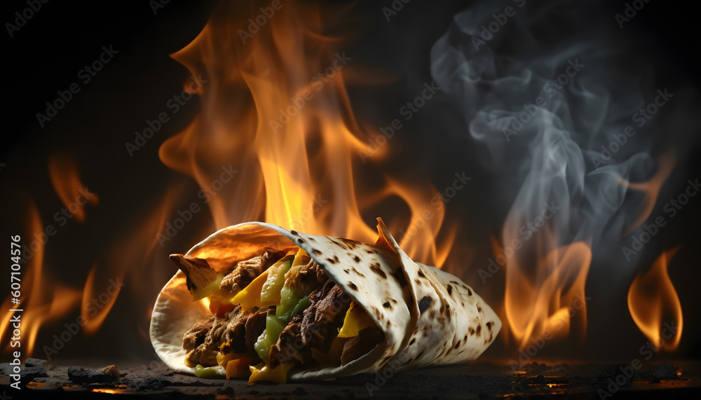 Shawarma or Doner with chicken roll with fire on isolated dark ...