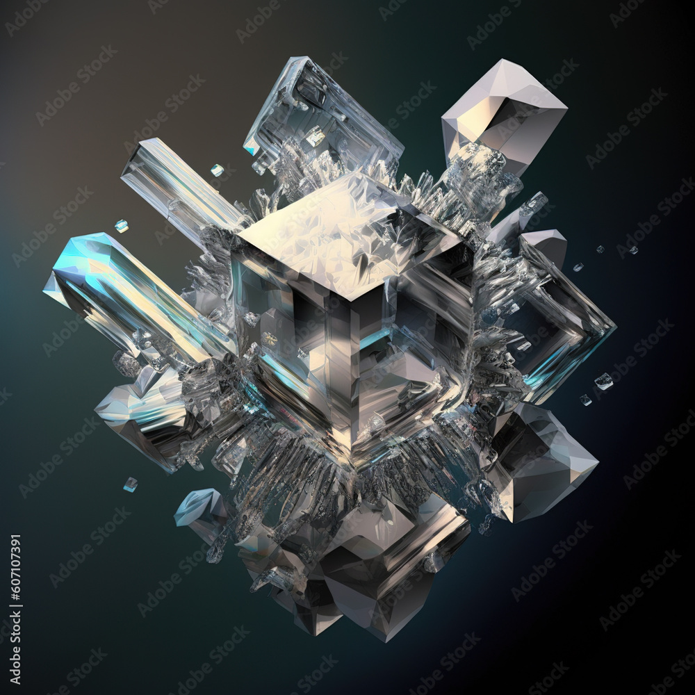 Modern digital abstract art of glassy geometric transparent cubic shape ...