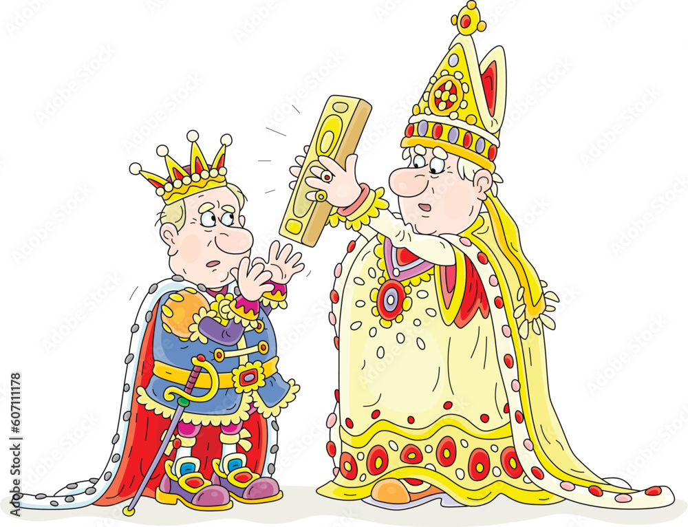 Angry king praying to an old icon in hands of a priest in solemn church ...