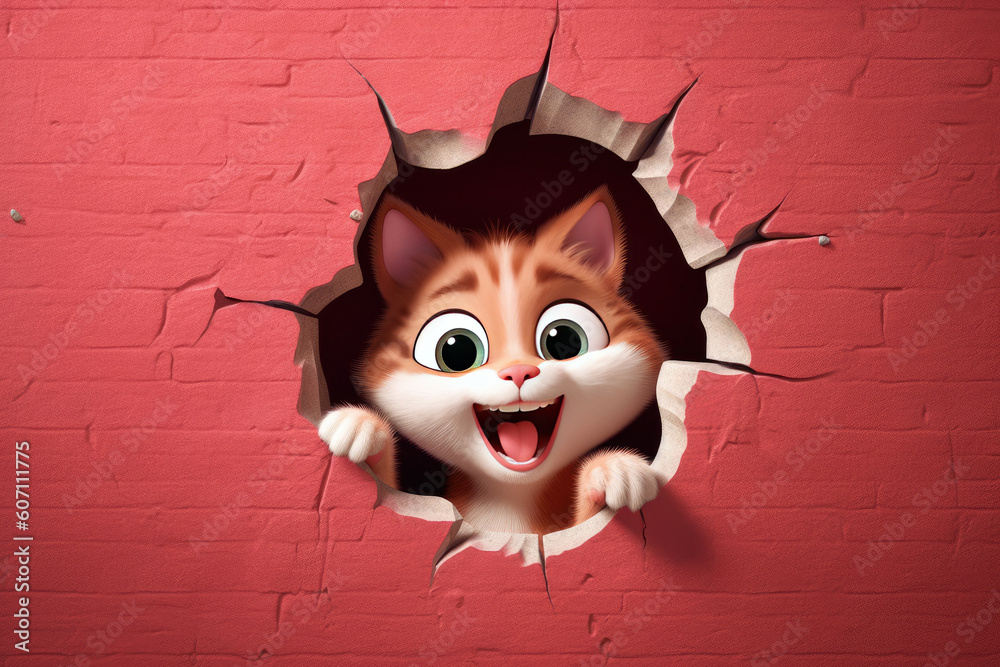 Cute Cartoon Cat Breaking Through a Hole in the Wall with Space for ...