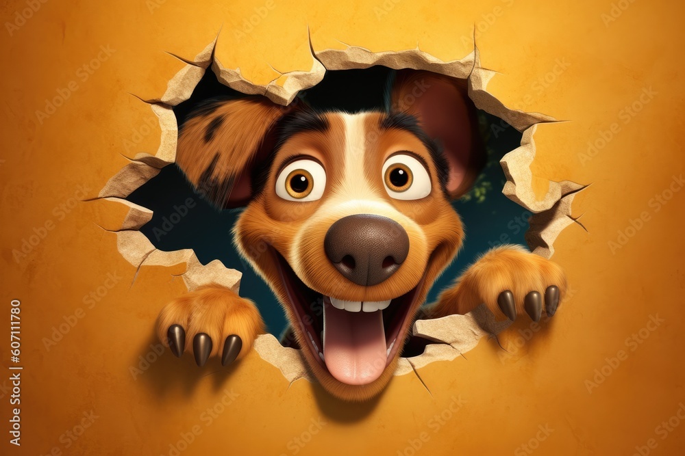 Cute Cartoon Dog Peeking Through a Hole in the Wall with Space for Copy ...
