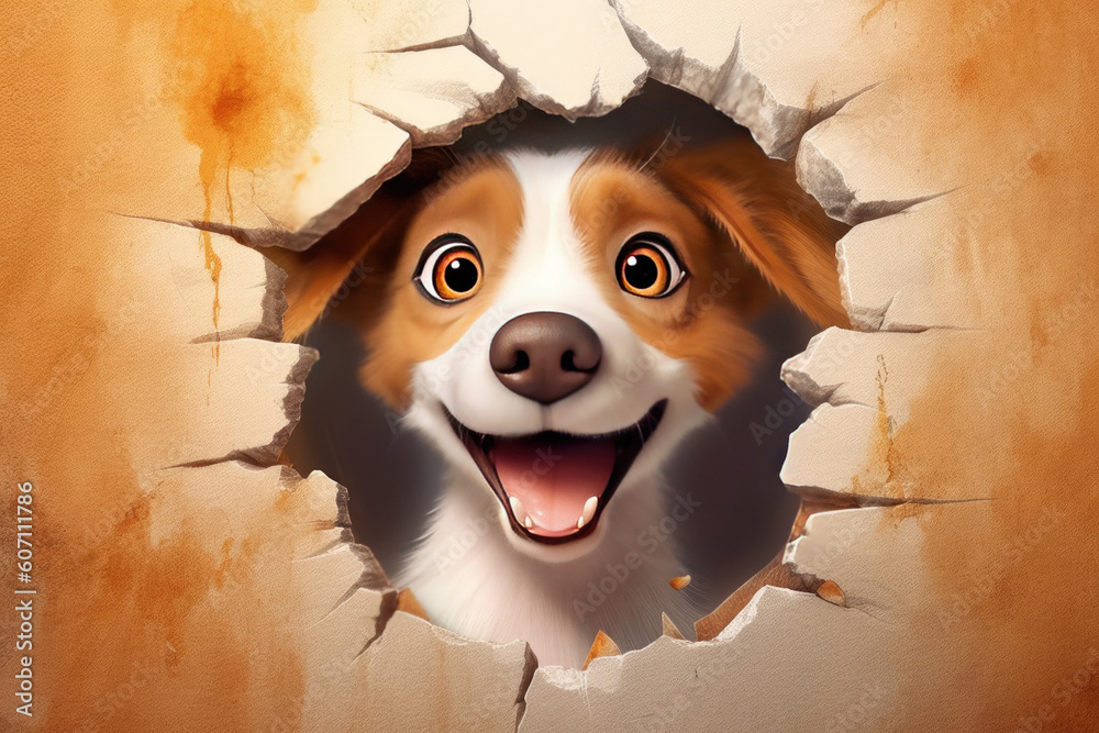 Cute Cartoon Dog Peeking Through a Hole in the Wall with Space for Copy ...