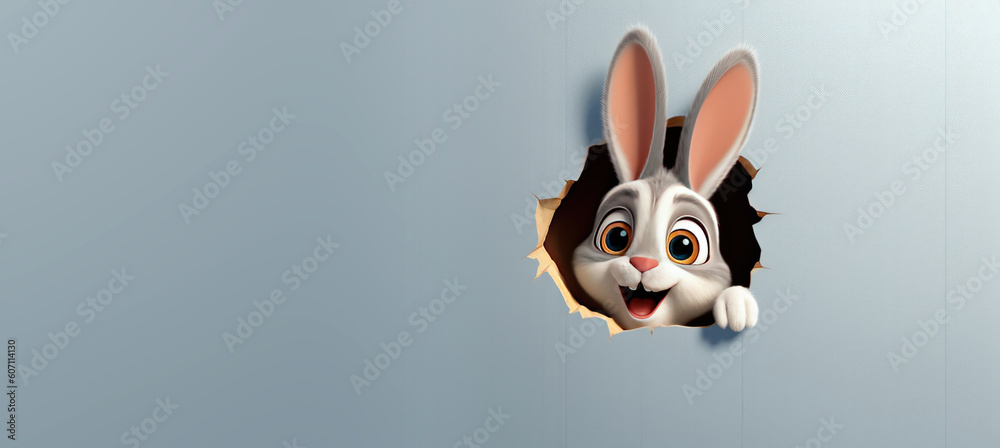 Cute Cartoon Bunny Peeking Through a Hole in the Wall with Space for ...