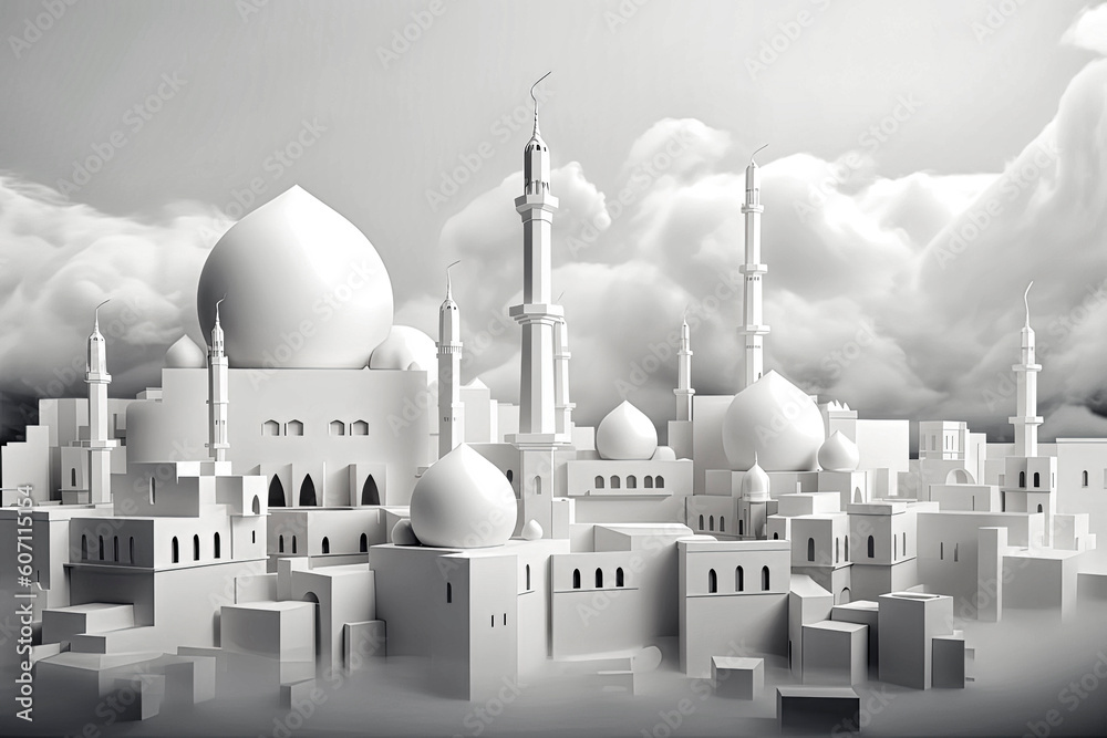 Generative AI illustration of Muslim City with many mosques floating in ...
