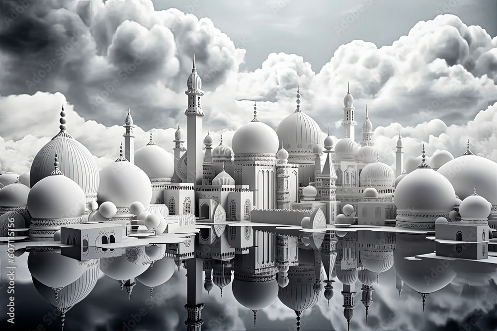 Generative AI illustration of Muslim City with many mosques floating in ...