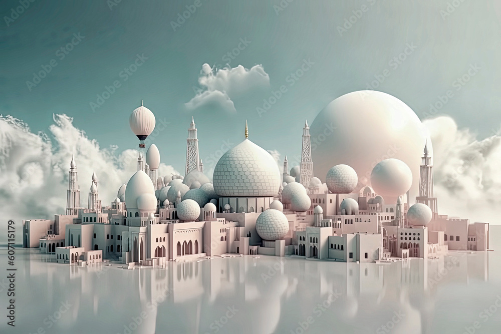 Generative AI illustration of Muslim City with many mosques floating in ...