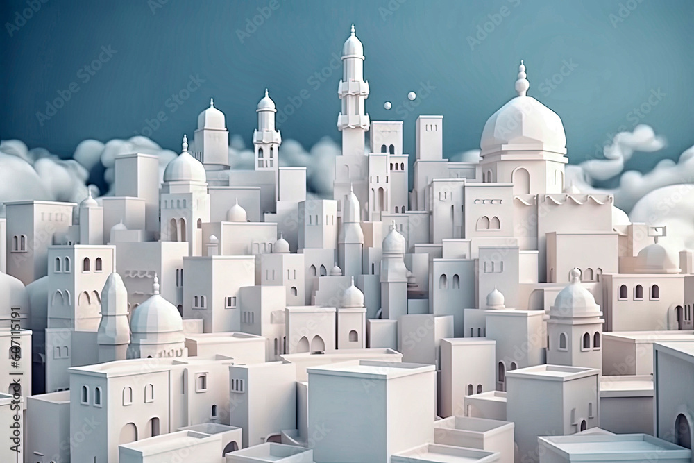 Generative AI illustration of Muslim City with many mosques floating in ...