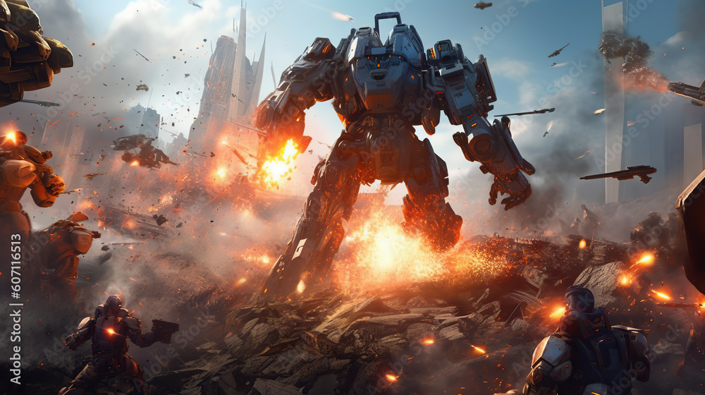 game characters. Action scene with soldiers in armor at war against ...