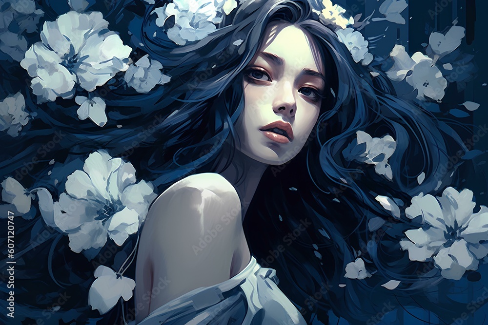 dark and brooding anime style drawing of a girl with flowers in her ...