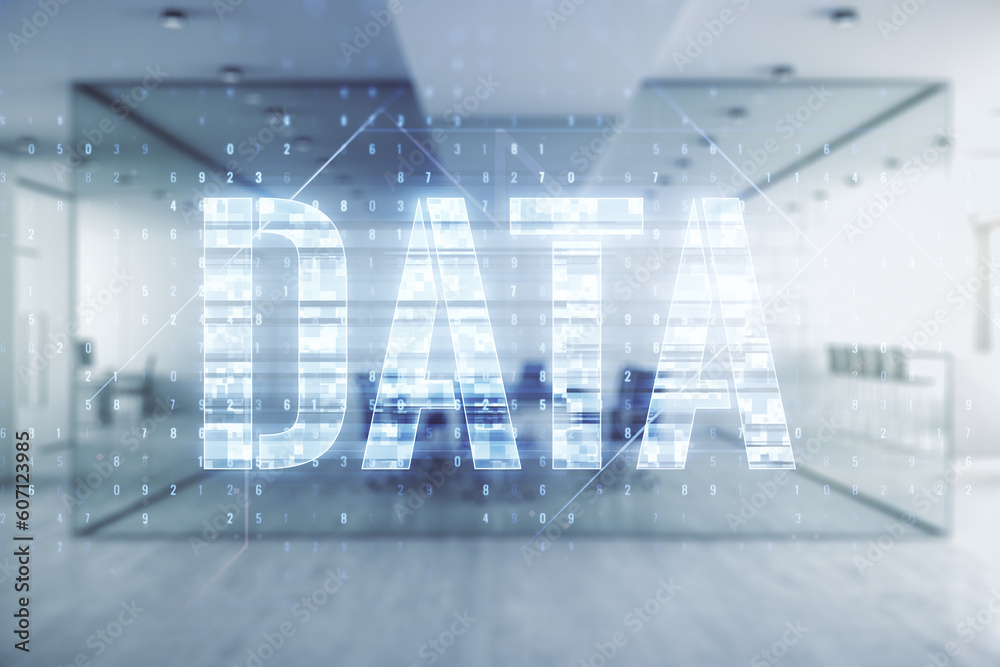 Data word hologram on a modern furnished office interior background ...