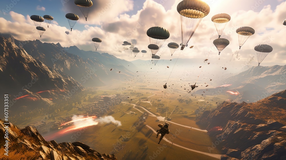 Visualize a thrilling airborne assault, with paratroopers descending ...