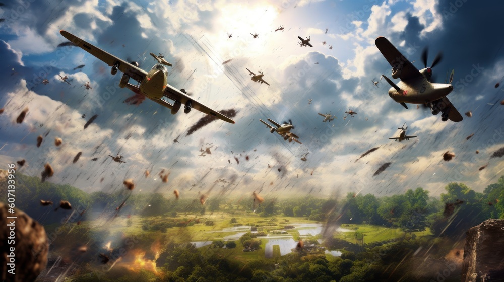 Visualize a thrilling airborne assault, with paratroopers descending ...
