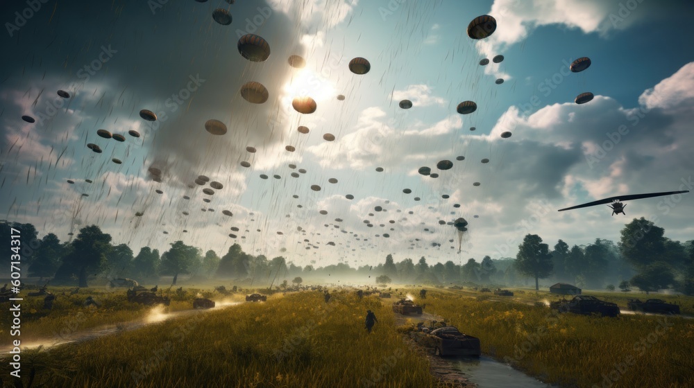 Visualize a thrilling airborne assault, with paratroopers descending ...