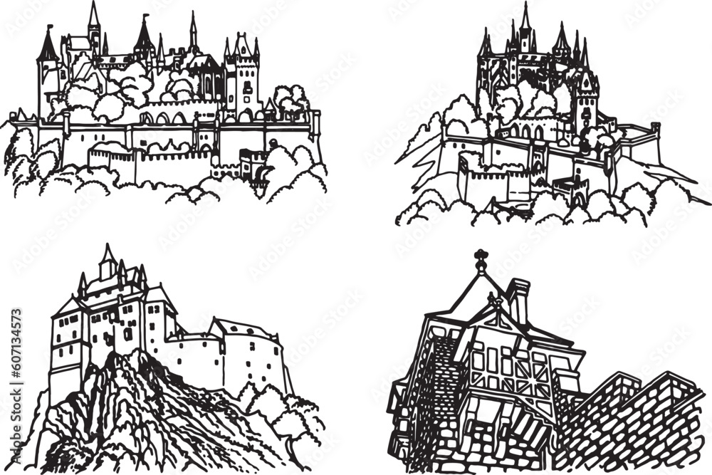 Graphical set of castles from Germany isolated on white,vector sketchy ...